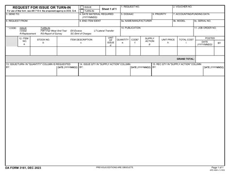 Da Form 3161 Download Fillable Pdf Or Fill Online Request For Issue Or