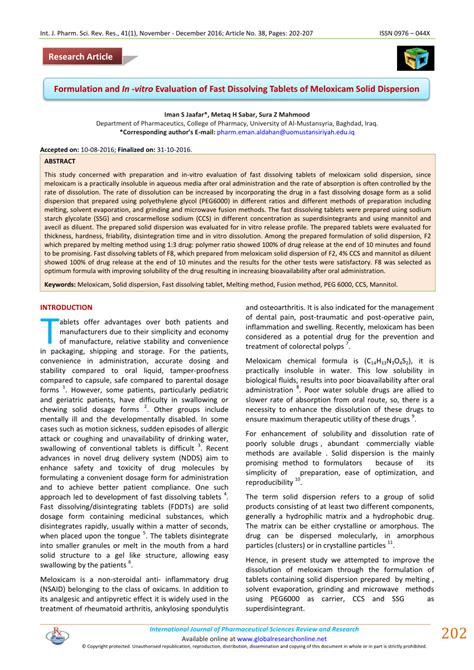 Pdf Formulation And In Vitro Evaluation Of Fast Dissolving Tablets Of Meloxicam Solid Dispersion