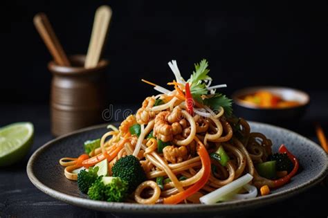 Gourmet Pad Thai Vegetarian Dish Featuring Udon Noodles Generated By Ai
