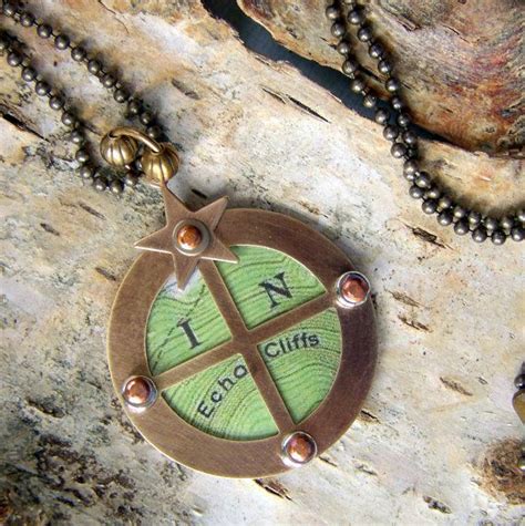 Compass Rose Riveted Brass Necklace With Upcycled Map Brass Necklace