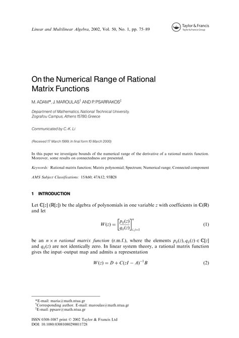 Pdf On The Numerical Range Of Rational Matrix Functions