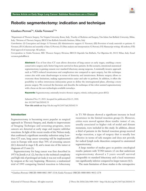Pdf Robotic Segmentectomy Indication And Technique