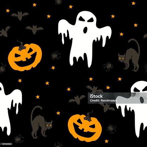 유령 고양이와 호박 할로윈 원활한 벡터 패턴 검은 배경에 무서운 디자인입니다 10월에 대한 스톡 벡터 아트 및 기타 이미지