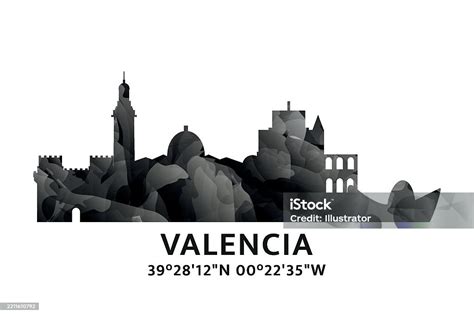 발렌시아 파노라마 벡터 배지 스카이 라인 로고 및 아이콘 스페인 도시 지평선 랜드마크와 건물 실루엣이 있는 로고타입 고립된 안개가 자욱한 추상적 그라디언트 그래픽 0명에