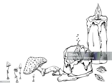 손으로 그린 잉크 벡터 마녀 제단 양초 독 버섯 크리스탈 일러스트레이션 아트 할로윈 오컬트 요술 격리 된 구성 개요 디자인 상점 로고 인쇄물 웹 사이트 카드 소책자 0명에