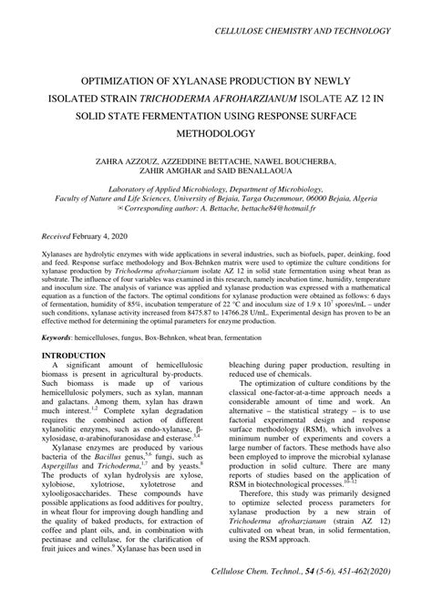 Pdf Optimization Of Xylanase Production By Newly Isolated Strain Trichoderma Afroharzianum
