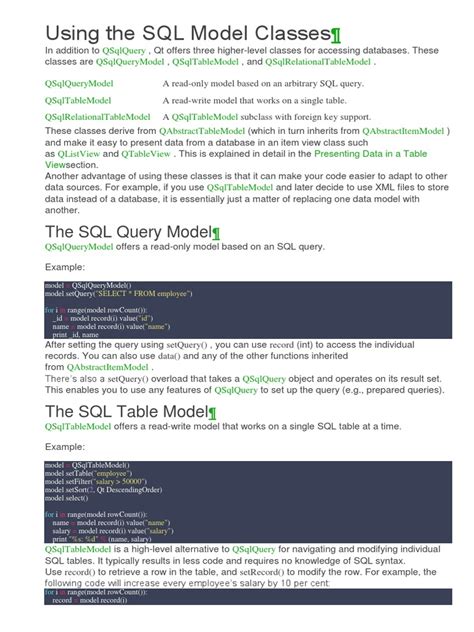 Sql Model Classes For Presenting Database Data In Qt Pdf Table