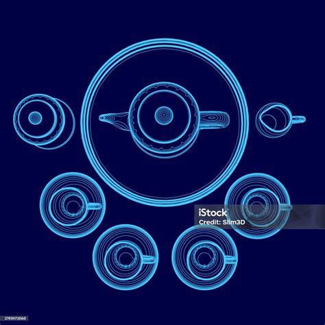 6 개의 컵과 찻 주전자가있는 차 세트의 파란색 이미지 컵은 찻주전자가 중앙에 오도록 원형으로 배열되어 있습니다 우아함과 세련미의 개념 Cfda Vogue Fashion