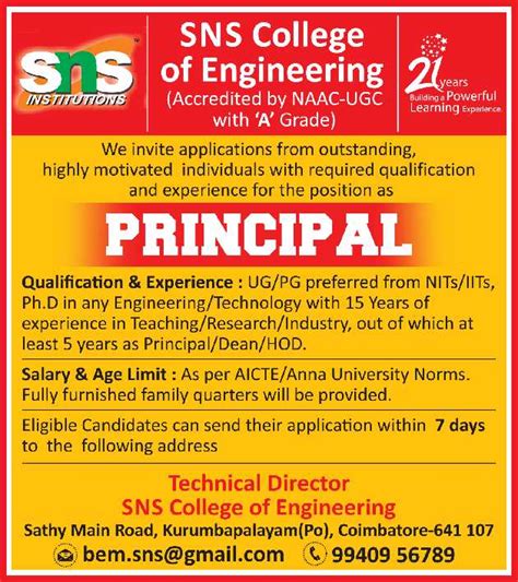 Sns College Of Engineering Coimbatore Wanted Principal Faculty Teachers