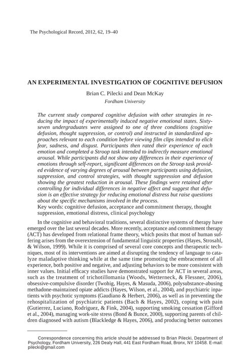 Pdf An Experimental Investigation Of Cognitive Defusion