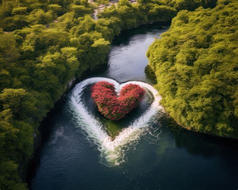 Premium Ai Image A Heart Shaped Bush In The Middle Of A River Surrounded By Trees