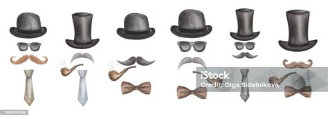 수채화 그림입니다 손으로 그린 신사 세트 안경 콧수염 검은 중산모 모자 나비 넥타이 갈색 흡연 파이프에서 남자 실루엣 0명에 대한 스톡 벡터 아트 및 기타 이미지 Istock
