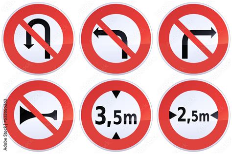 Black White And Red Road Prohibition Signs Prohibiting Right And Left Turns U Turns Honking