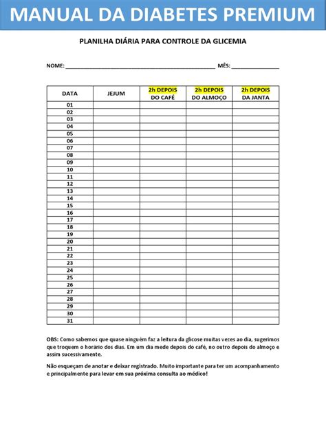 Brinde 1 Planilha DiÁria Para Controle Da Glicemia Pdf