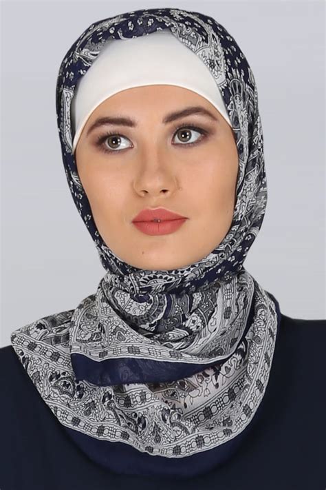Navy Blue Printed Chiffon Hijab Modest Islamic Clothing Shopping Website