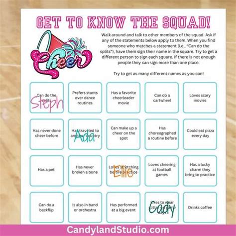 Cheerleading Find Someone Who Team Building Ice Breaker Bingo Game