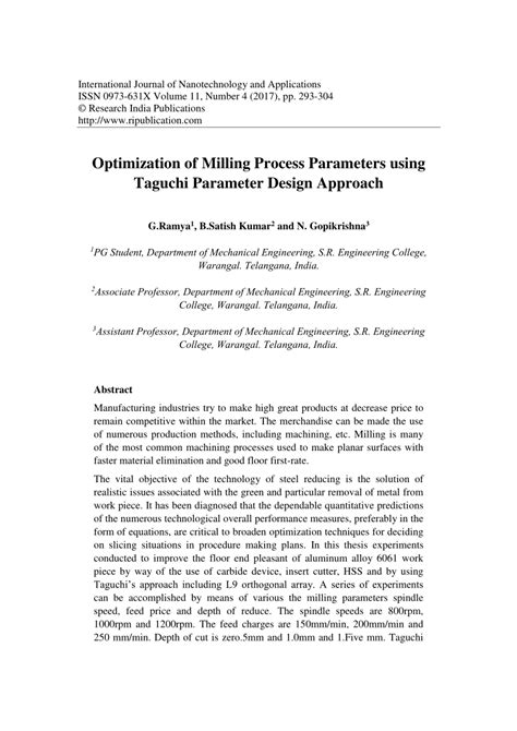Pdf Optimization Of Milling Process Parameters Using Taguchi Parameter Design Approach