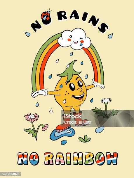 비 없음 무지개 없음 긍정적 인 인용문 행복한 양파 얼굴 만화 캐릭터는 손으로 무지개를 들고 웃는 구름 꽃 그루비 히피 레트로 70 년대 포스터 영감을 주는 문구에 대한