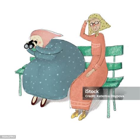 꽤 오래 된 숙 녀 또는 할머니는 벤치에 앉아 거리를 바라보 고 있습니다 노인 친구는 벤치에 쉬고 있습니다 재미 있는 만화 캐릭터입니다 가족에 대한 스톡 벡터 아트 및 기타