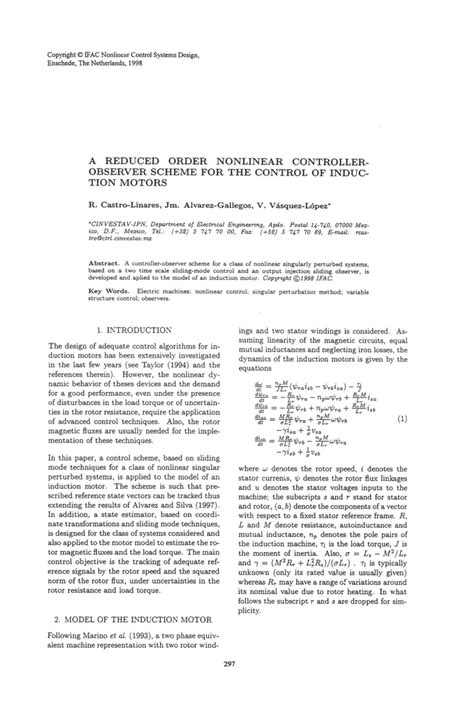 Pdf A Reduced Order Nonlinear Controller Observer Scheme For The Control Of Induction Motors