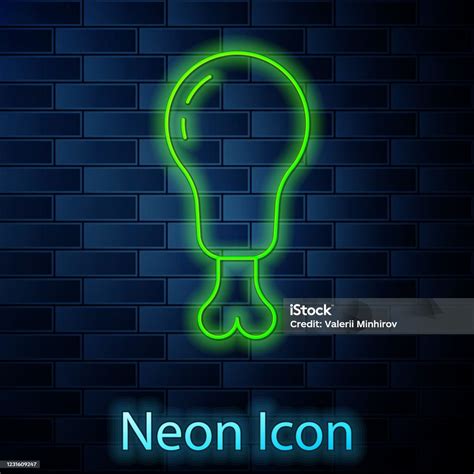 벽돌 벽 배경에 고립 빛나는 네온 라인 닭 다리 아이콘입니다 치킨 드럼 스틱 벡터 일러스트레이션 가금류에 대한 스톡 벡터 아트 및 기타 이미지 Istock
