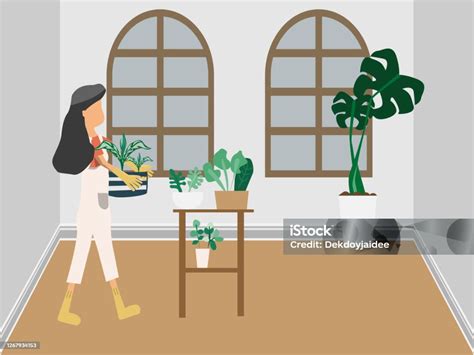 정원에서 야채를 심는 여자 농업 정원사 취미 식물 집에서 실내 벡터는 냄비 작업에서 식물의 그림을 그려집니다 플랫 벡터 과수원에 대한 스톡 벡터 아트 및 기타 이미지