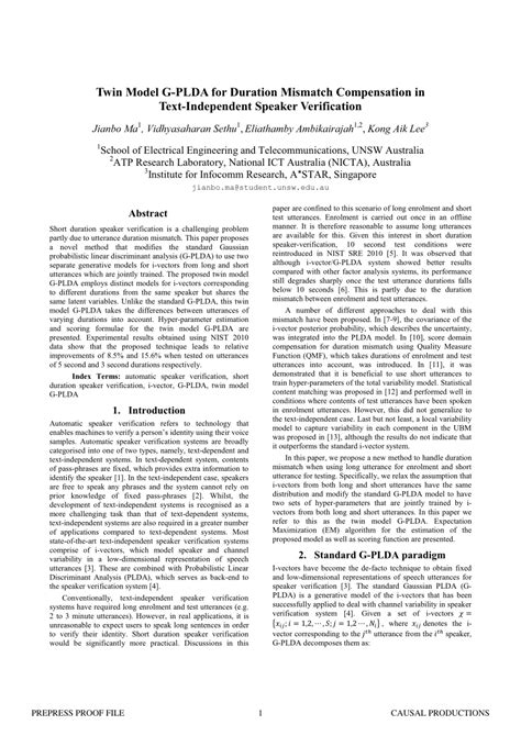 Pdf Twin Model G Plda For Duration Mismatch Compensation In Text Independent Speaker Verification