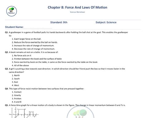 Force And Laws Of Motion Class 9 Worksheet With Answers