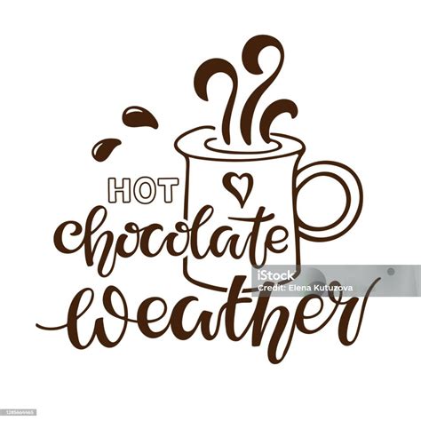 스케치 머그잔이 있는 핫 초콜릿 날씨 글자 벡터 서예 일러스트레이션 티셔츠 가방 포스터 상인 배너 벽 예술 장식 카페 메뉴를위한 계절 서예 디자인 가을에 대한 스톡 벡터