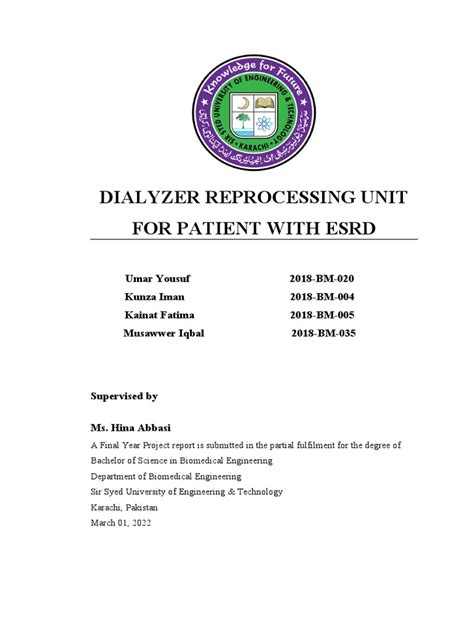 Dialyzer Reprocessing Unit Fyp Pdf Hemodialysis