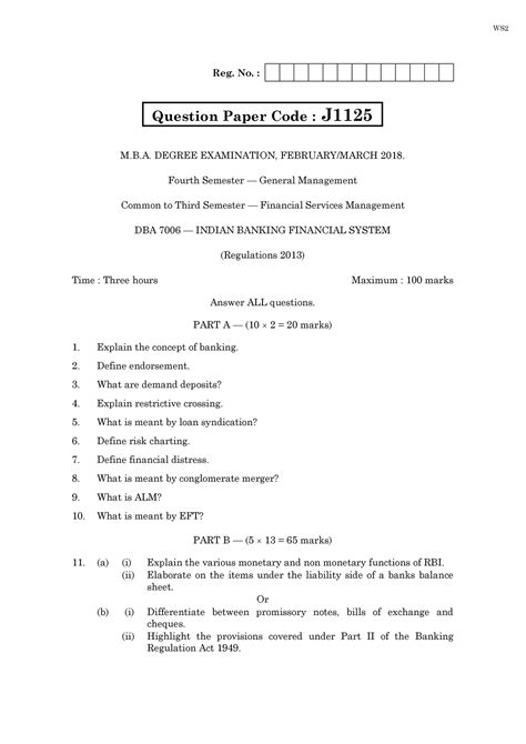 Bfs Question Bank Finance Notes Ws Reg No Mb Degree Examination Februarymarch 2018