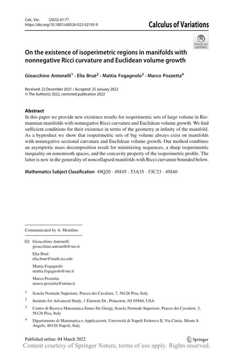 Pdf On The Existence Of Isoperimetric Regions In Manifolds With Nonnegative Ricci Curvature