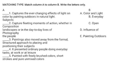 Matching Type Match Column A To Column B Write The Letters Onlya 1