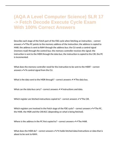 Aqa A Level Computer Science Slr 17 Fetch Decode Execute Cycle Exam With 100 Correct