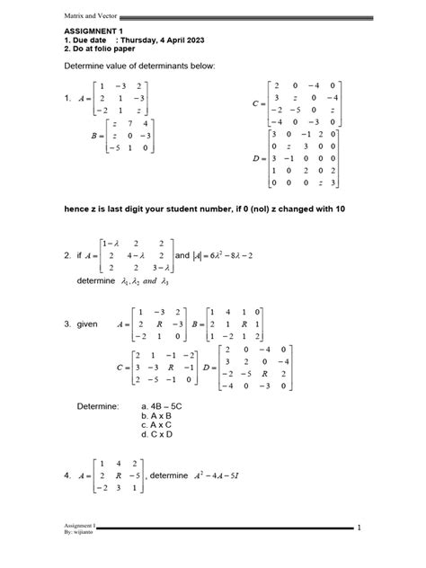 Assigment 1 20231 Pdf Matrix Mathematics Determinant