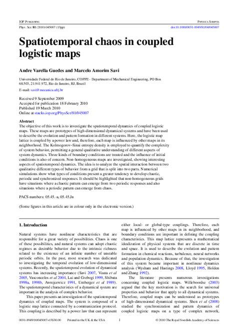 Pdf Spatiotemporal Chaos In Coupled Logistic Maps