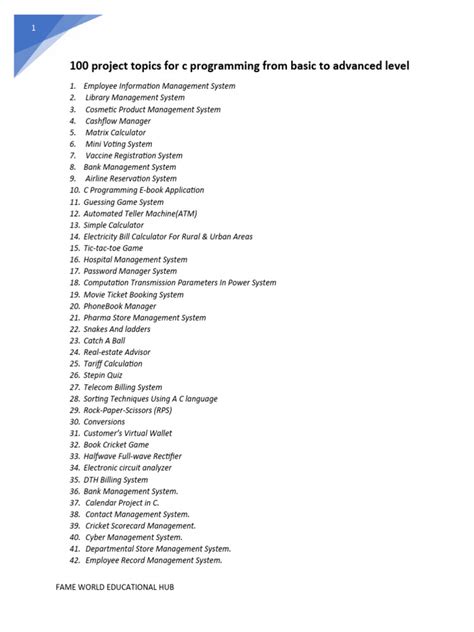 100 project topics for c programming from basic to advanced level pdf