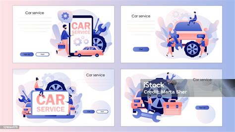 자동차 서비스 및 수리 자동 서비스 개념입니다 모바일 스마트 폰 방문 페이지 템플릿 Ui 웹 모바일 앱 포스터 배너 전단지용 화면 템플릿 현대 평면 만화 스타일입니다 벡터