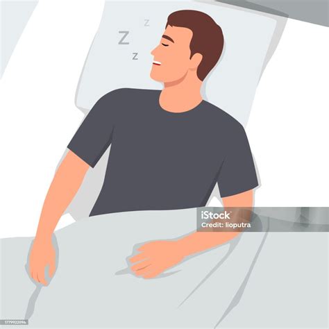 침대에서 자고 있는 남자 침실에 누워 코를 골며 잠을 자는 사람의 벡터 그림 가정 생활에 대한 스톡 벡터 아트 및 기타 이미지