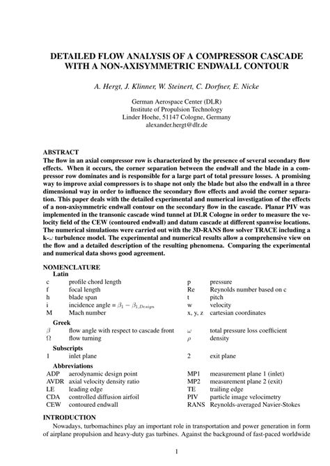 Pdf Detailed Flow Analysis Of A Compressor Cascade With A Non Axisymmetric Endwall Contour