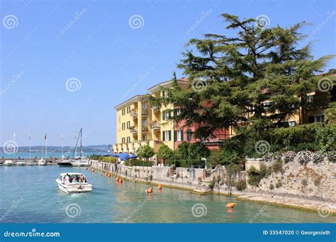 Motor Boat Entering Harbor Sirmione Lake Garda Editorial Image