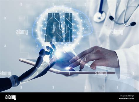 Doctor Using Tablet Computer Closeup Robot Hand Touching Virtual