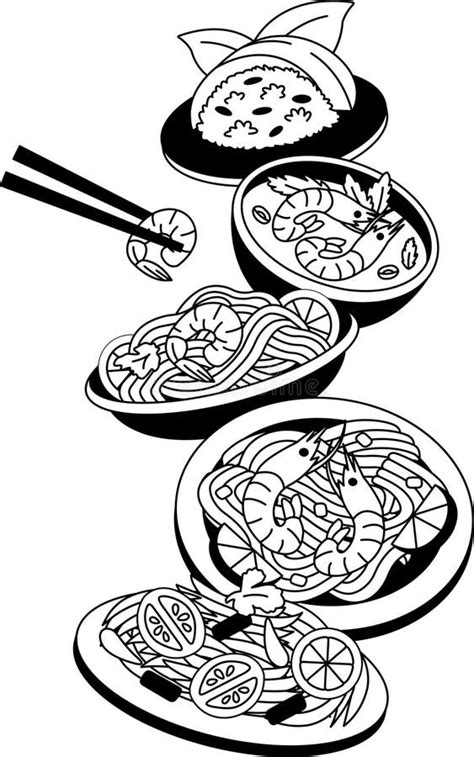 Black And White Illustration Of A Thai Food Padthai Papaya Salad Tom