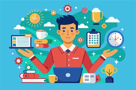 A Person Balances Various Tasks Using A Laptop While Surrounded By Icons Of Productivity And