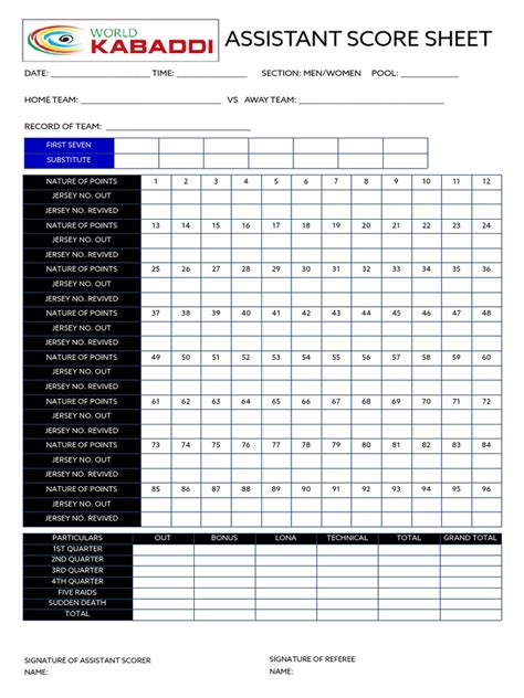 Score Sheet Tracking Points And Player Performance In A Water Polo