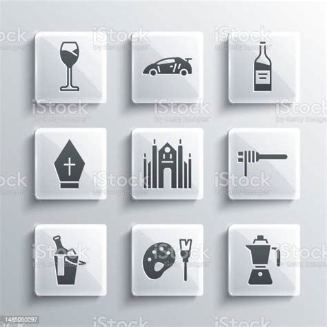 팔레트 커피 모카 냄비 파스타 스파게티 밀라노 대성당 병 와인 양동이 교황 모자 와인 잔 및 아이콘으로 페인트 브러시를 설정합니다 벡터 Drug Alcohol Tobacco