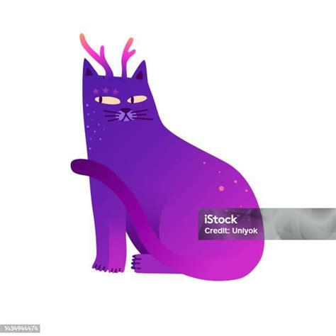 신비로운 반짝이는 고양이와 귀여운 일러스트레이션 별과 날개를 가진 고양이의 마법 캐릭터 난해한 만화 네온 스타일 직물에 인쇄를위한 귀여운 고양이 벡터 가공의 인물에 대한