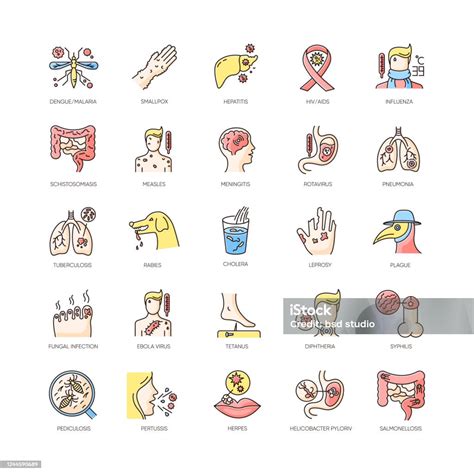 감염증 Rgb 색상 아이콘 세트 다른 전염병 감염 전염성 바이러스 성 질환 위험한 세균 성 바이러스 다양한 세균성 병원체 격리 벡터 일러스트 0명에 대한 스톡 벡터 아트 및