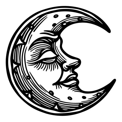 Vintage Engraved Crescent Moon With Human Face Illustration Celestial