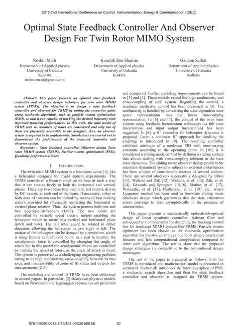 Pdf Optimal State Feedback Controller And Observer Design For Twin Rotor Mimo System